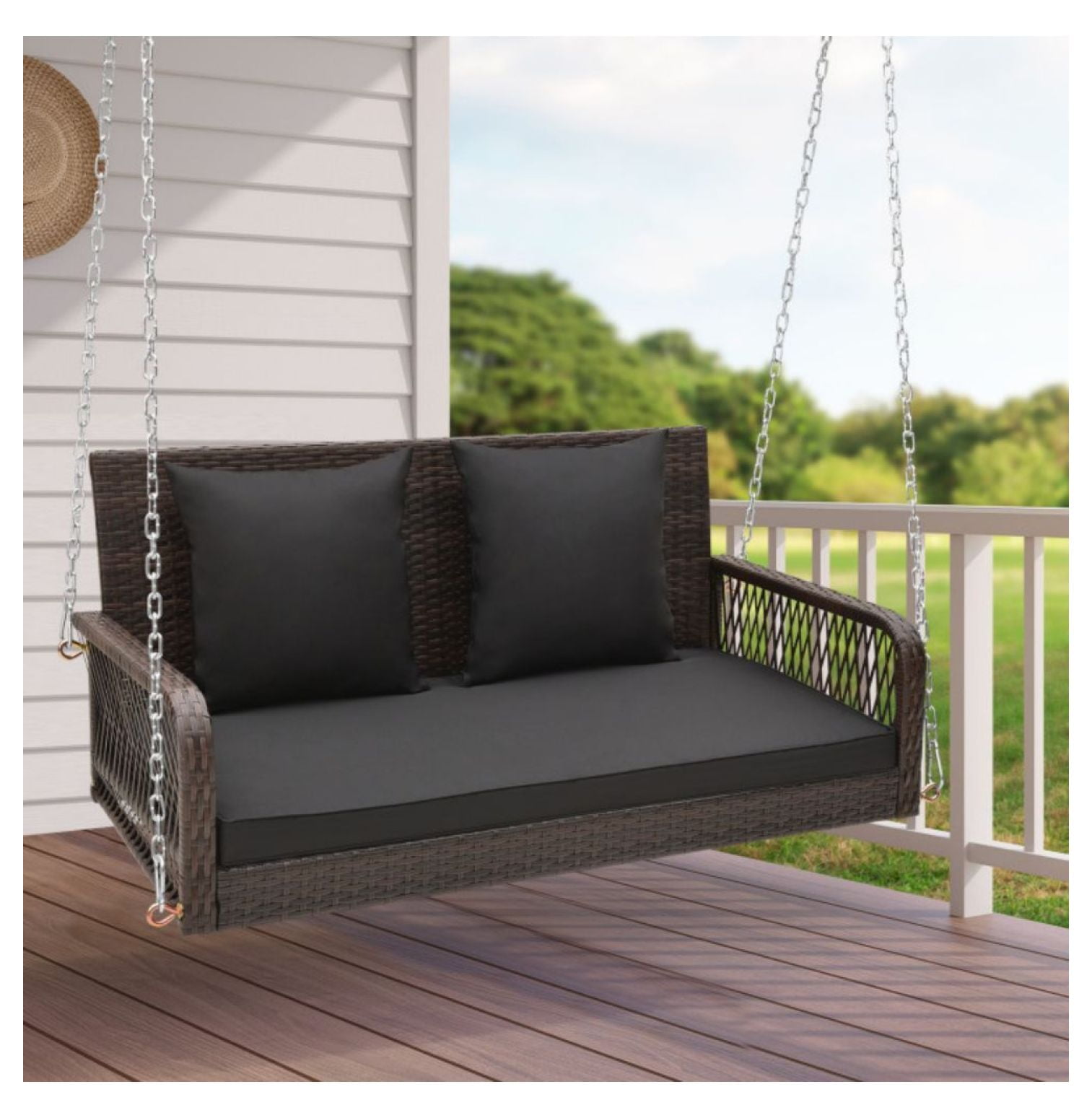 2-Person Wicker Porch Swing with Cushions, Outdoor Patio Swing Chair ...