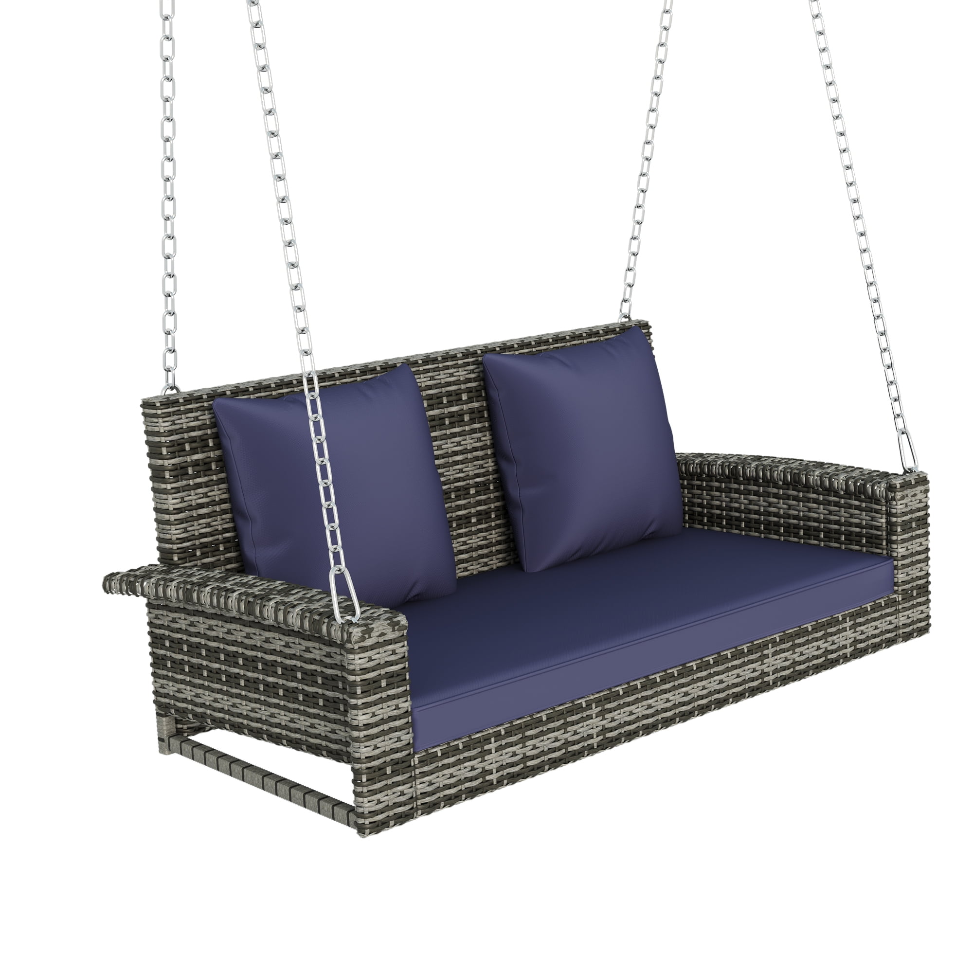 2-Person Wicker Porch Swing with Chains, Rattan Indoor Outdoor Hanging Chair Loveseat with ...