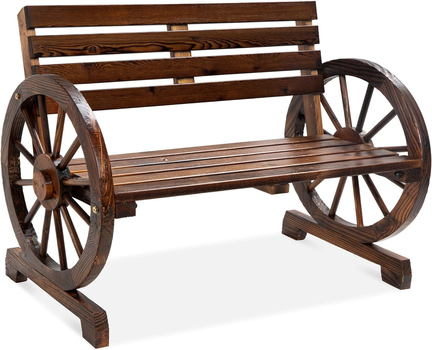 2-Person Wooden Wagon Wheel Bench for Backyard, Patio, Porch, Garden ...