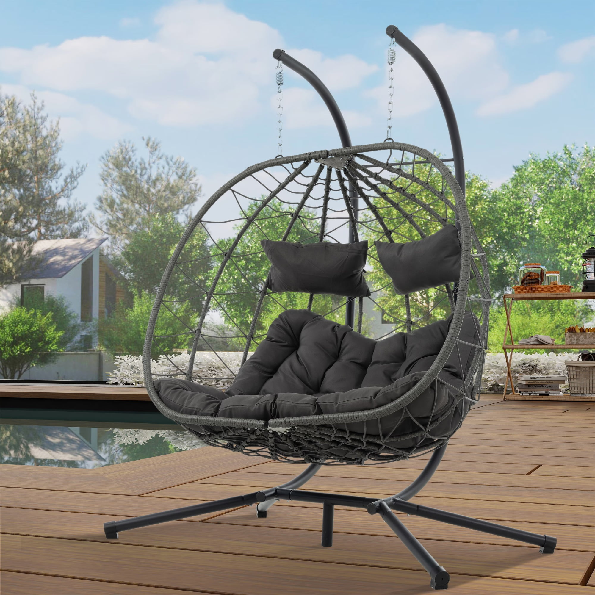 2 Persons Egg Chair with Stand Indoor Outdoor Swing Chair Patio Wicker ...