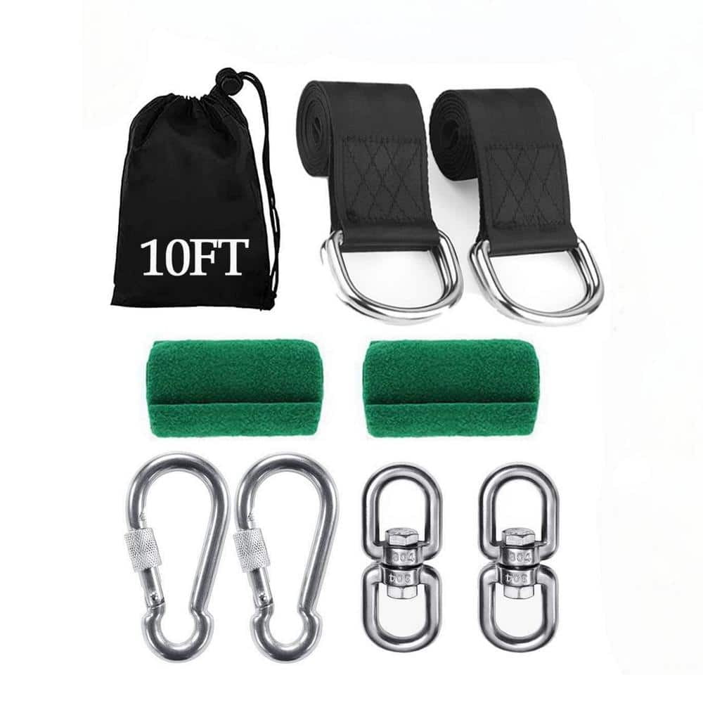 2-Piece 10 ft. Black Tree Swing Straps with Tree Protector, Carabiner ...