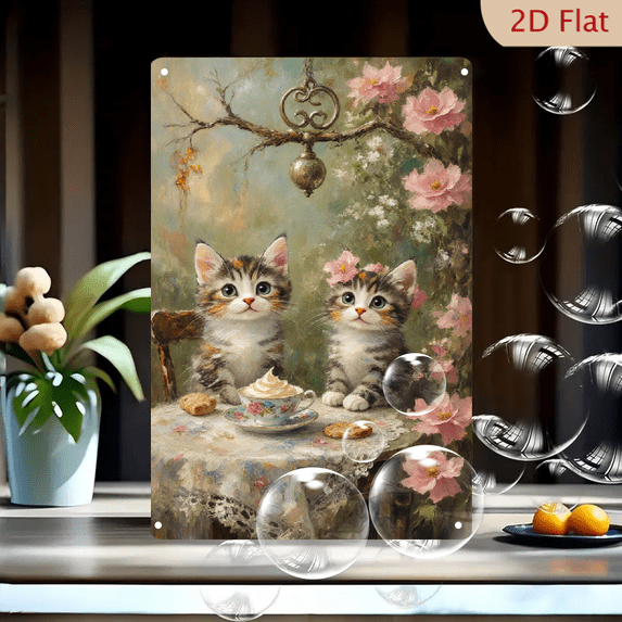 2 Piece 8x12 Inch Vintage Oil Painting Wall Art of Tabby White Kittens ...
