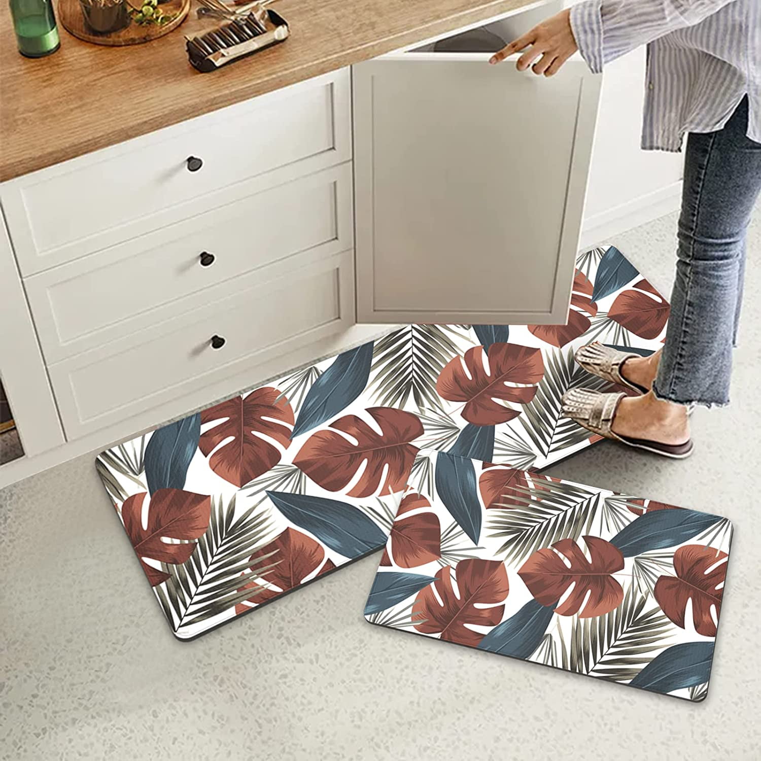 2 Piece Anti Fatigue Kitchen Mats, Watercolor Fresh Palm Tree Leaves ...