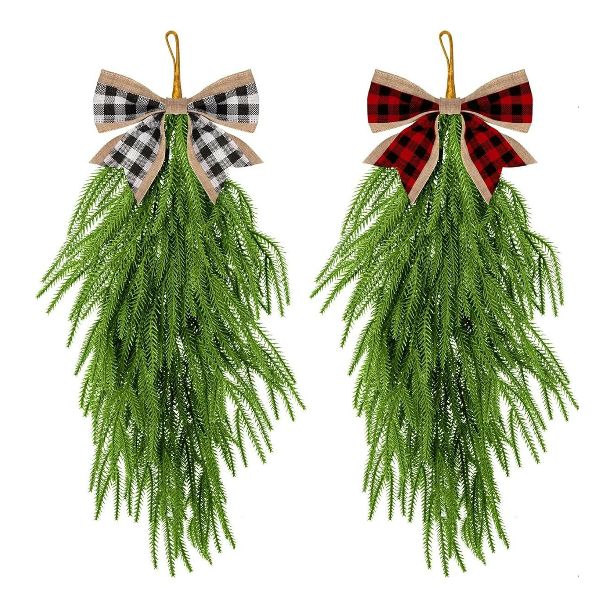 2-Piece Artificial Christmas Teardrop Wreath Set with Plaid Bow 28-inch ...