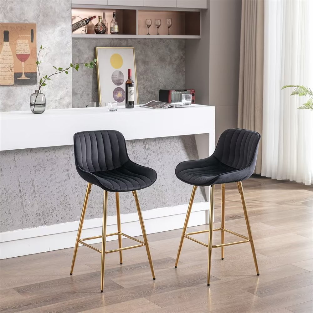 2 Piece Bar Stool 26inch Velvet Barstool with Golden Metal Footrest and Tufted Back Modern Upholstered Dining Chairs for Home Bar Counter Kitchen