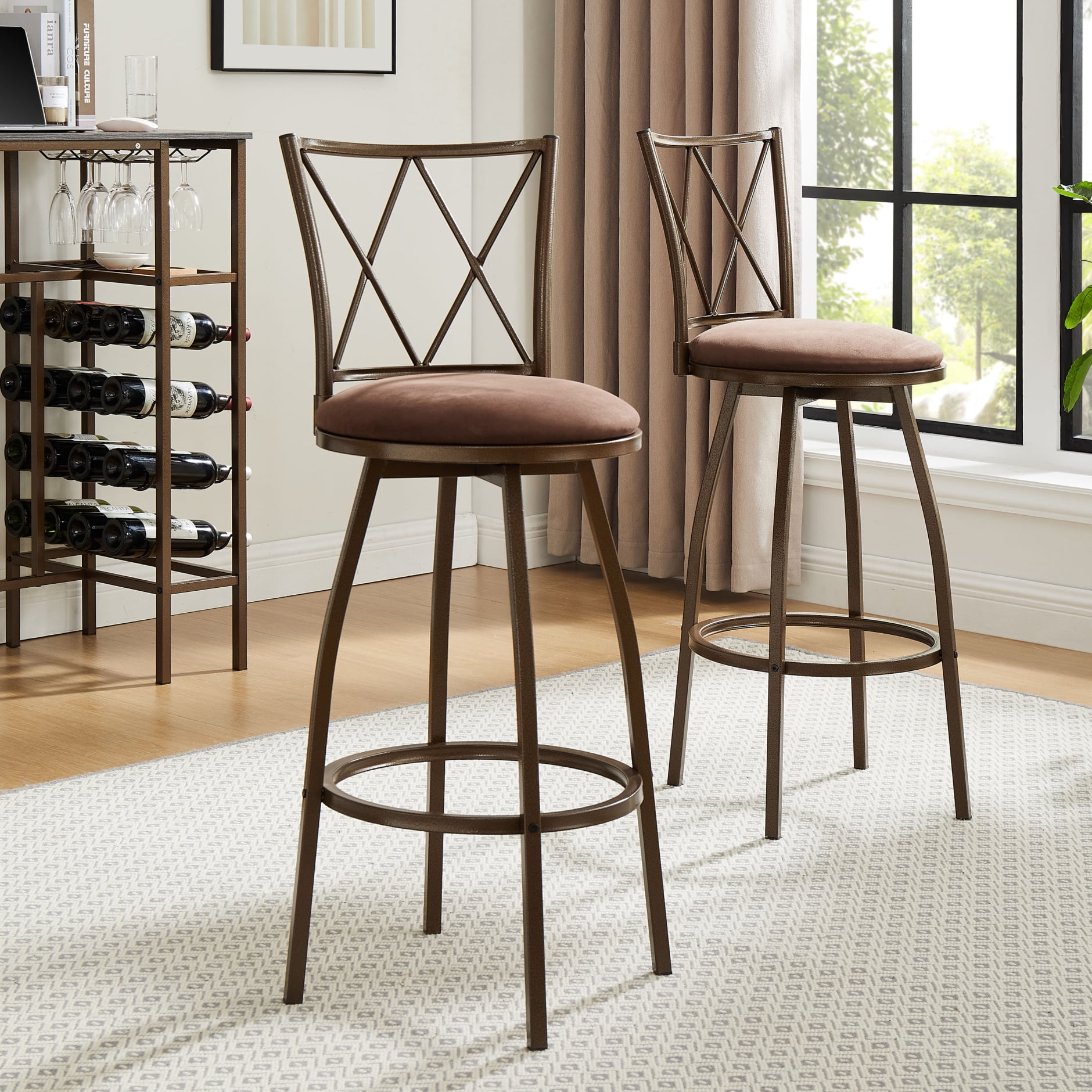 2 Piece Bar Stools with Footrest, Brown Country Style Industrial Bar ...