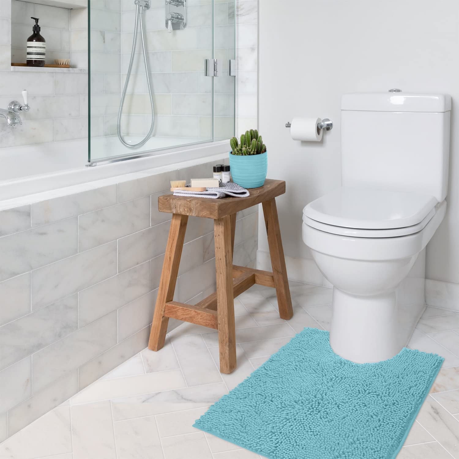 2-Piece Bathroom Rug Set In Spa Blue: Chenille Bath Mat + U-Shaped ...