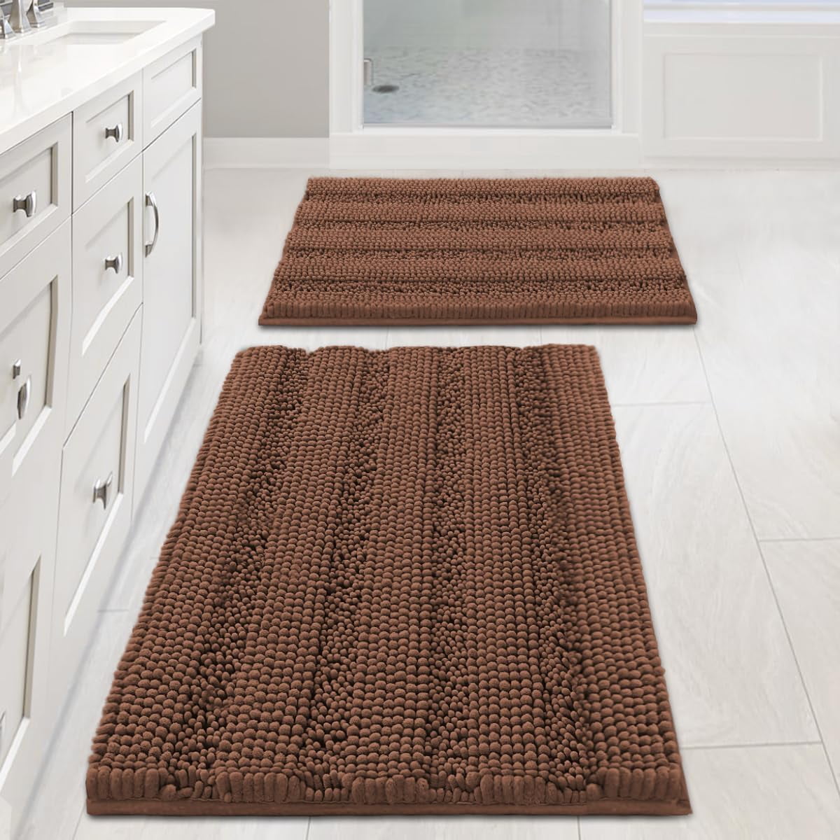 2 Piece Bathroom Set Extra Thick Chenille Striped Pattern Bath Rugs for ...