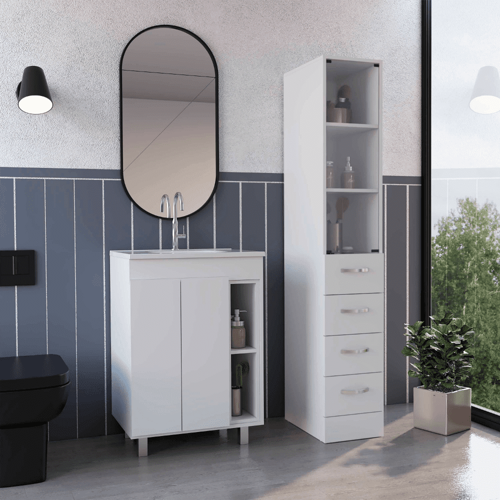 2 Piece Bathroom Set, Freestanding Vanity + Linen Cabinet, White ...