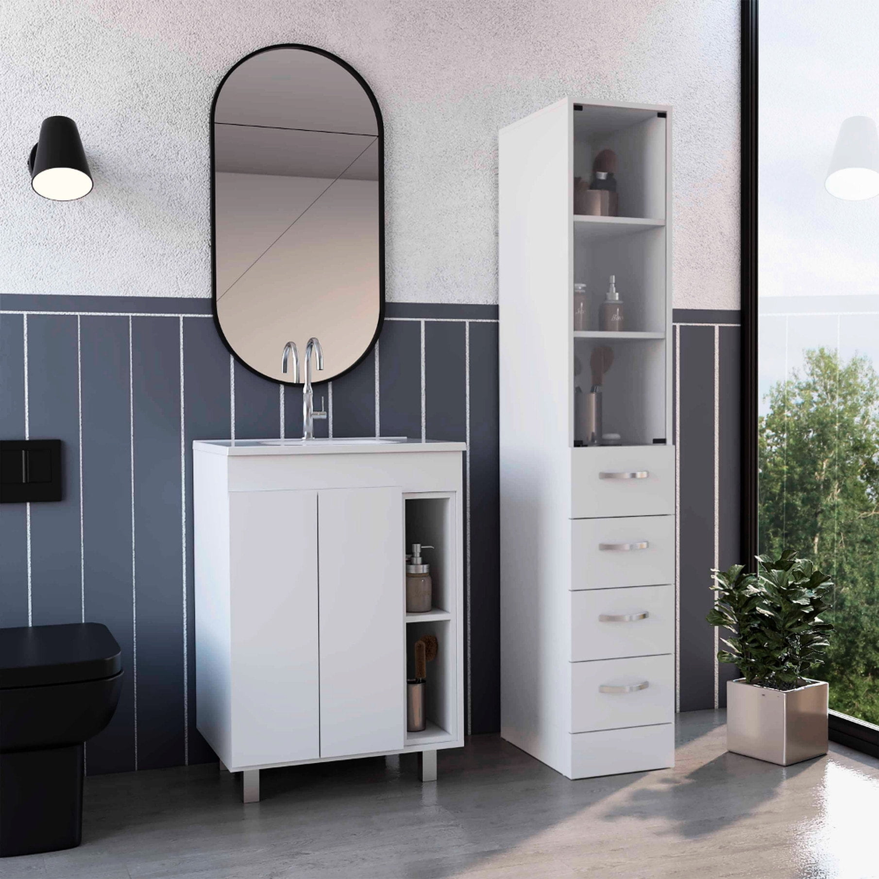 2 Piece Bathroom Set, White: Acra Vanity & Magna Linen Cabinet, 80.42 ...