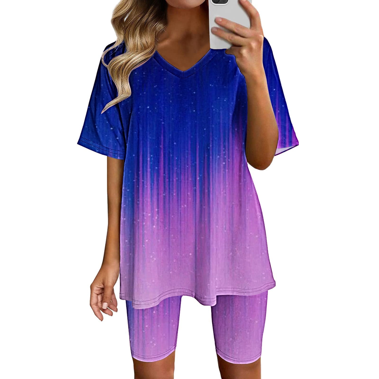 2 Piece Beach Outfits for Women Plus Size Short Sleeve V-neck Tops ...