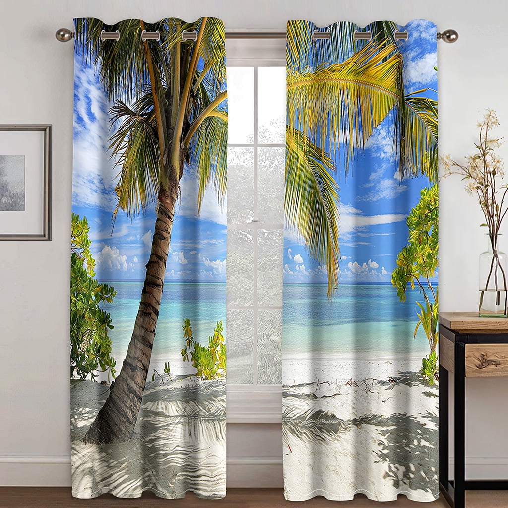 2-Piece Beachside Greenery and Blue Sky Digital Print Semi-Sheer ...