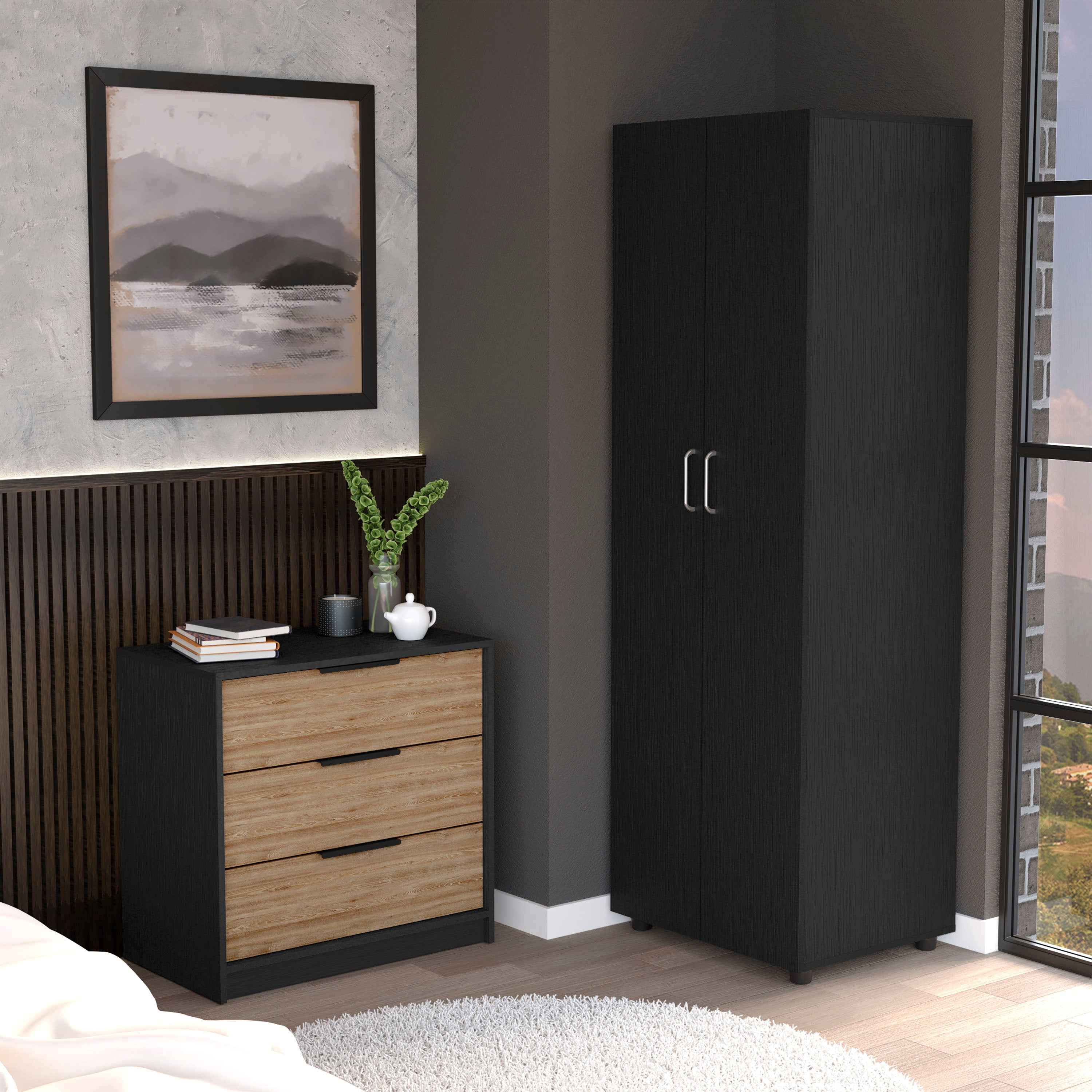 2 Piece Bedroom Set, London Armoire + Egeo 3 Drawers Dresser, Black ...