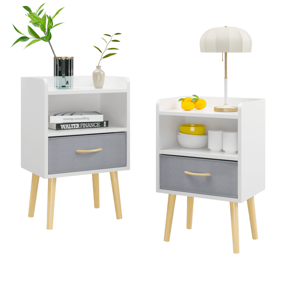 2-Piece Bedside Table Set 3-Tier Storage Foldable Fabric Drawers Solid ...