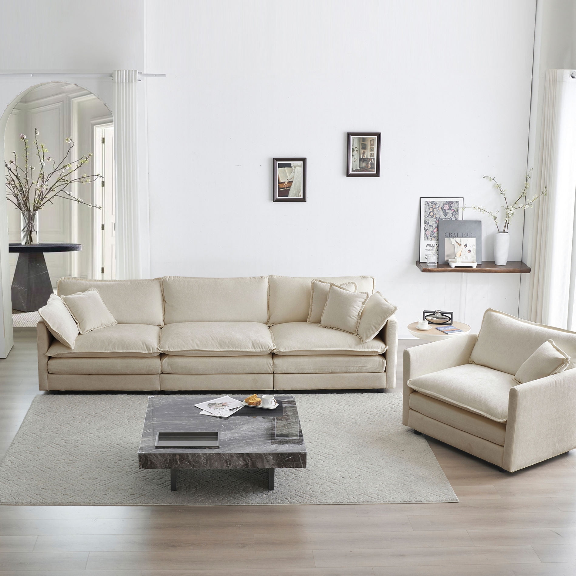 2-Piece Beige Chenille Sofa Set with Solid Wood Frame / Offer Comfort ...