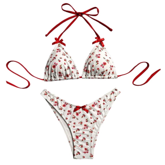 2 Piece Bikini Sets for Women Cute Floral Print Bow Detail Bikini Set ...
