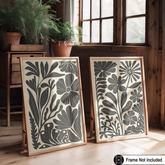 2 Piece Black Flowers Flower Print Floral Art Modern Art Trendy Art ...