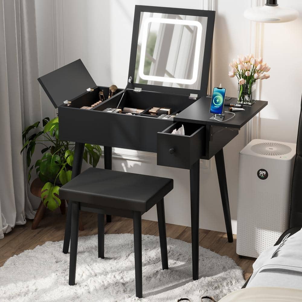2-Piece Black Makeup Vanity Set with Flip Top Mirror and LED, Charging ...