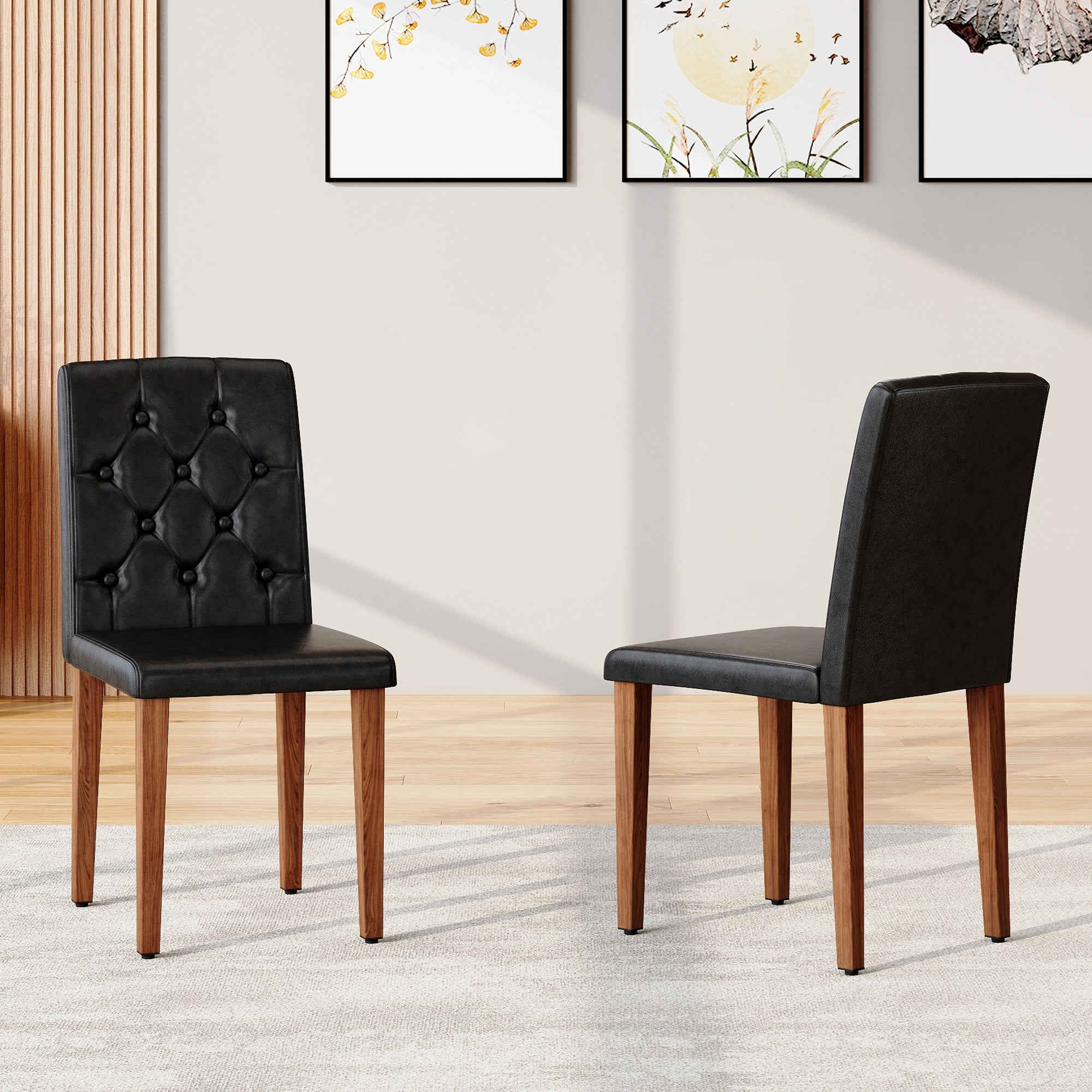 2-Piece Black PU Dining Chairs, Ergonomic Buckle Backrest & Walnut ...