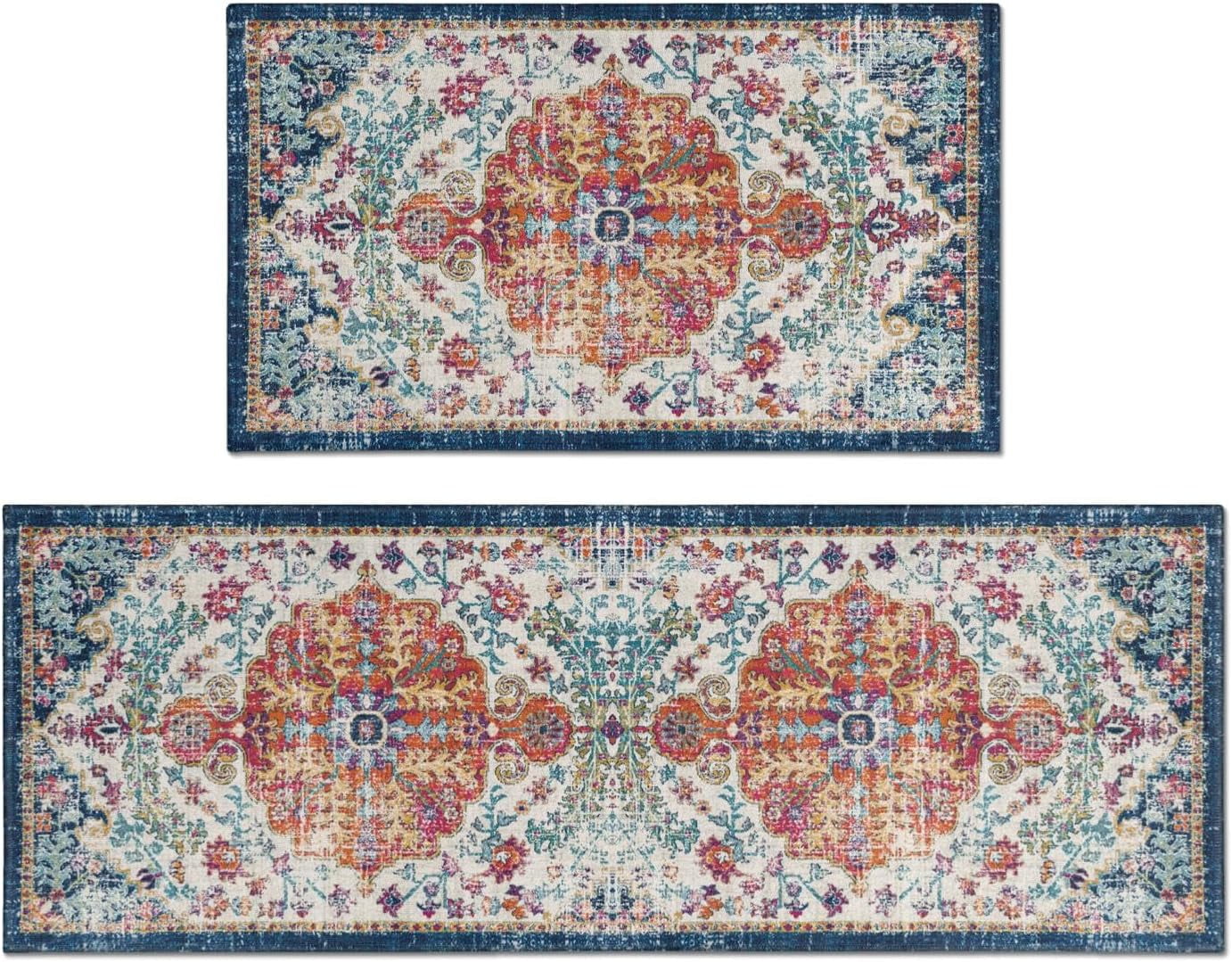 2 Piece Boho Kitchen Decor Rug Set, Vintage Bohemian Floral Rug for ...