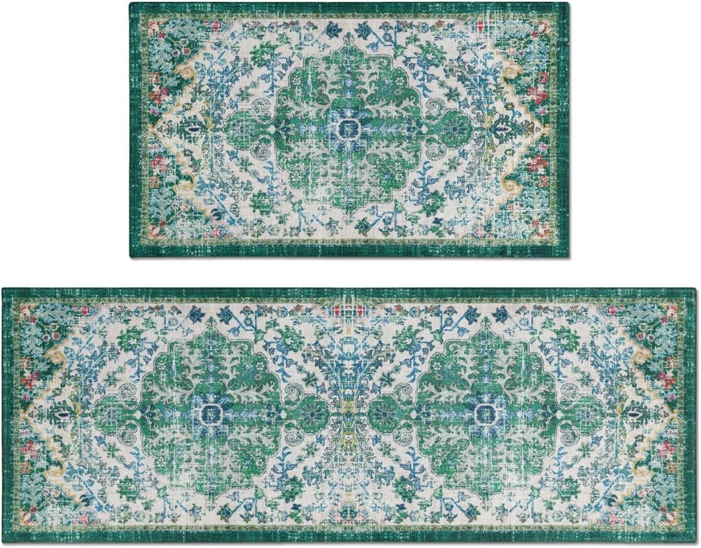2 Piece Boho Kitchen Decor Rug Set, Vintage Bohemian Floral Rug for ...