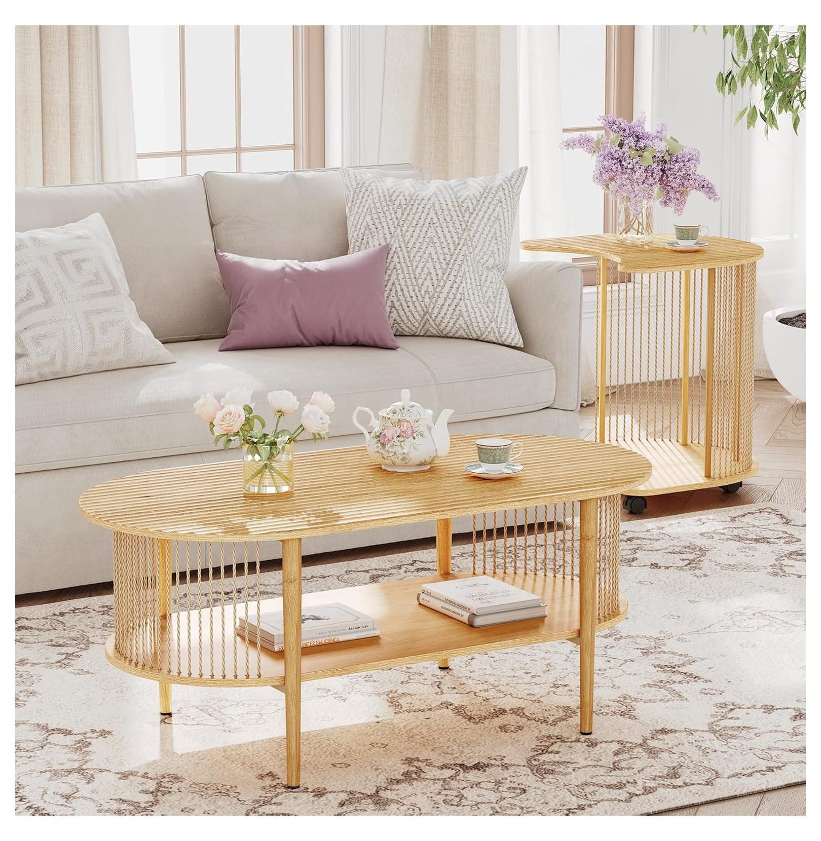 2-Piece Boho Natural Fiber Rope Coffee Table Set, Modern Oval Nesting ...