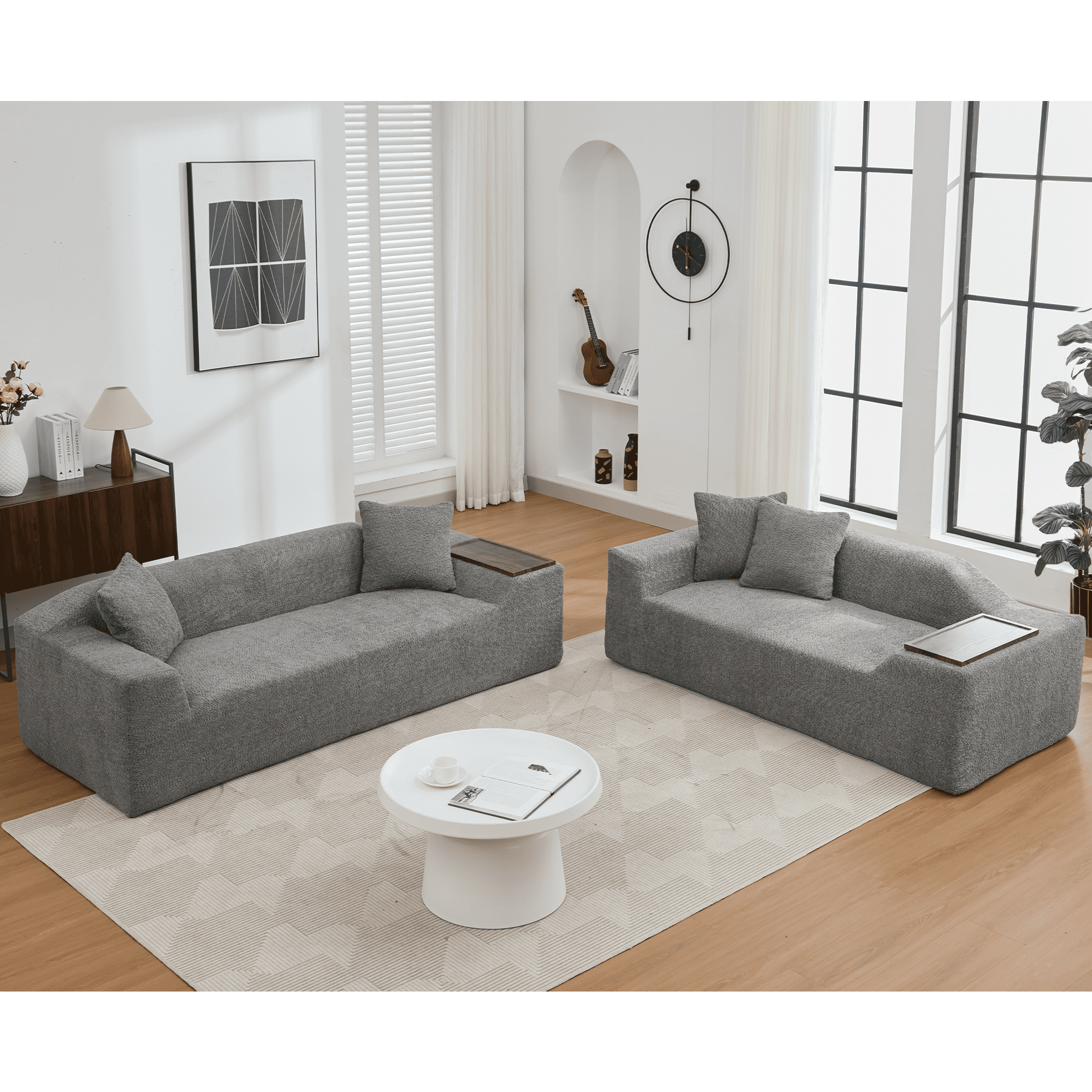 2 Piece Boucle Cloud Sofa Set, Upholstered Sherpa Deep Seat Cloud 3 ...
