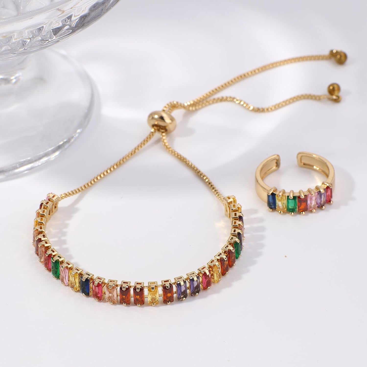 2 Piece Brass Rhinestone Slider Bracelet and Cuff Ring Set Colorful ...