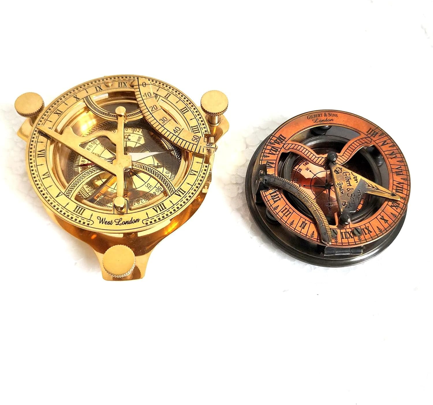 2 Piece Brown & Golden Brass Sundial Compass Antique Finish Nautical ...