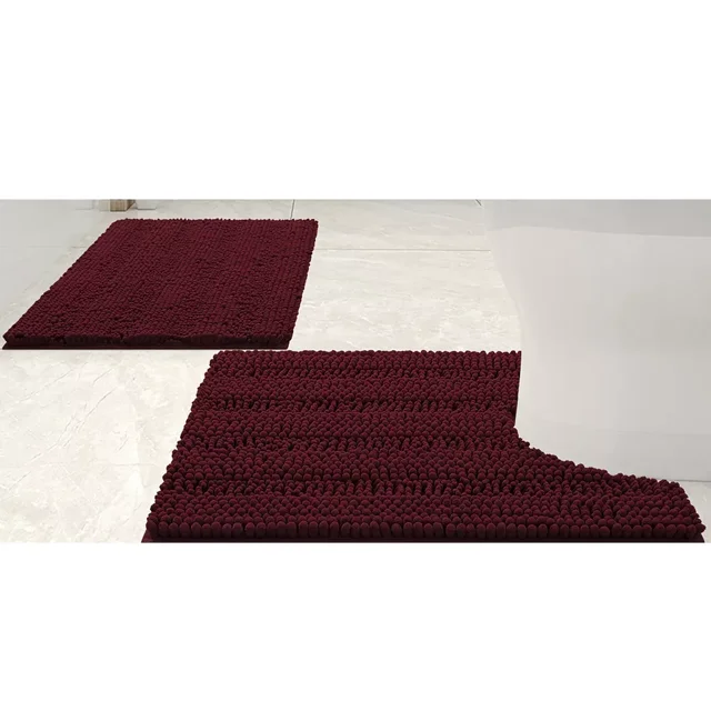 2 Piece Burgundy Soft Cozy Plush Chenille Bath Mat & Contour Bath Rug ...