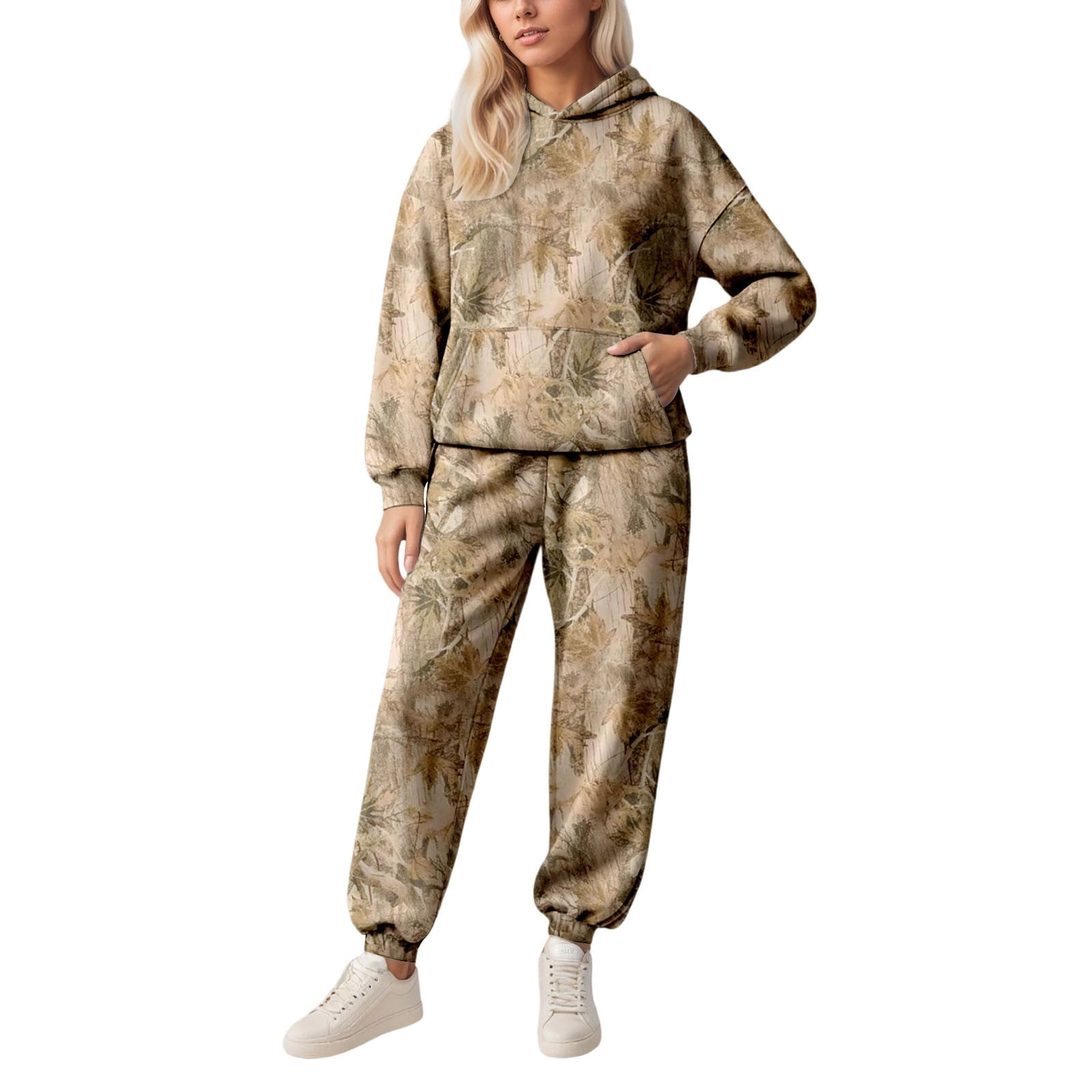 2 Piece Camo Sweatsuits Women Oversized Maple Leaf Print Hoodies and ...