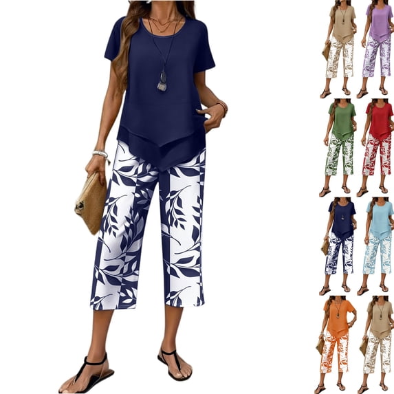 2 Piece Capri Sets for Women Summer Plus Size Crew Neck Tops Floral ...