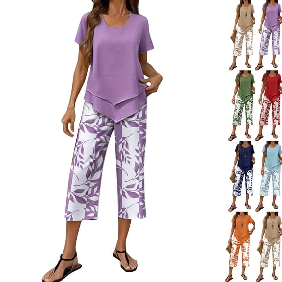 2 Piece Capri Sets for Women Summer Plus Size Crew Neck Tops Floral ...