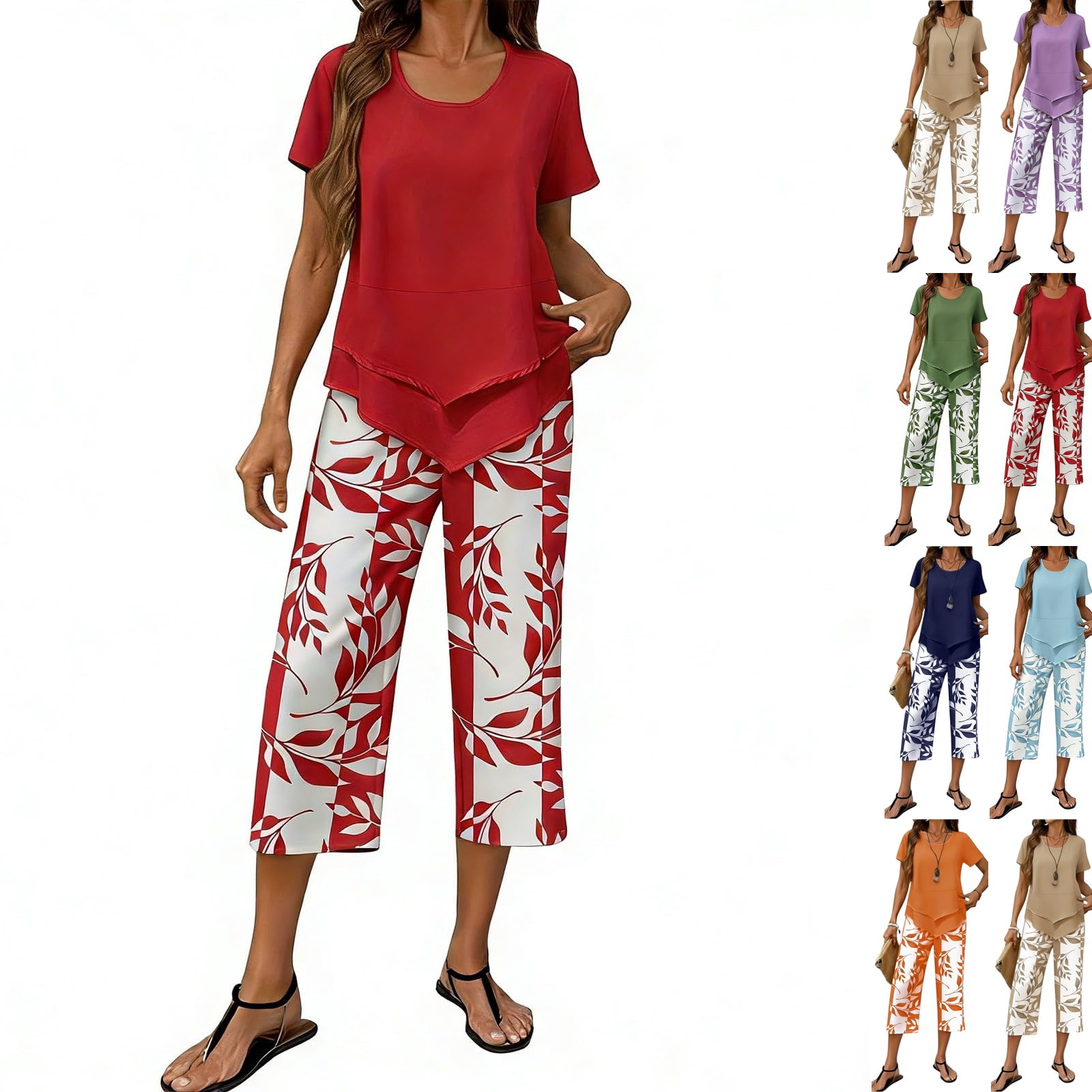 2 Piece Capri Sets for Women Summer Plus Size Crew Neck Tops Floral ...
