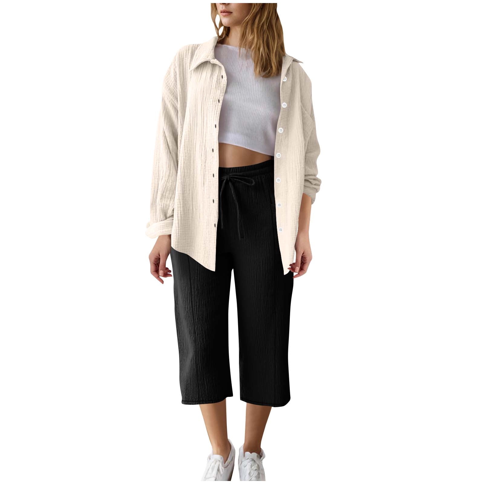 2 Piece Capris Womens Sets Cotton Linen Long Sleeve Button Up Shirt and ...