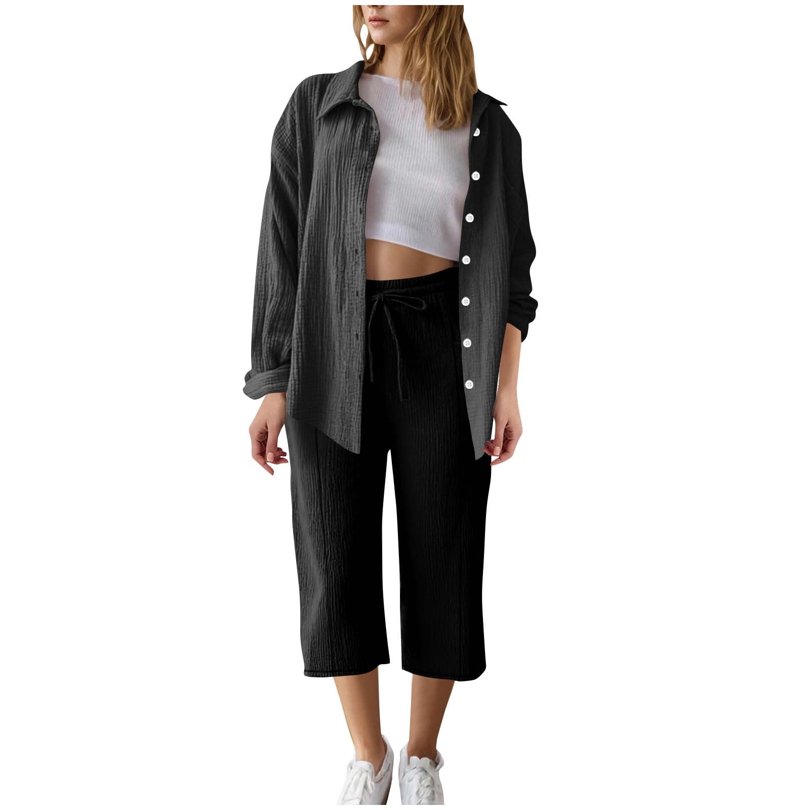 2 Piece Capris Womens Sets Cotton Linen Long Sleeve Button Up Shirt and ...