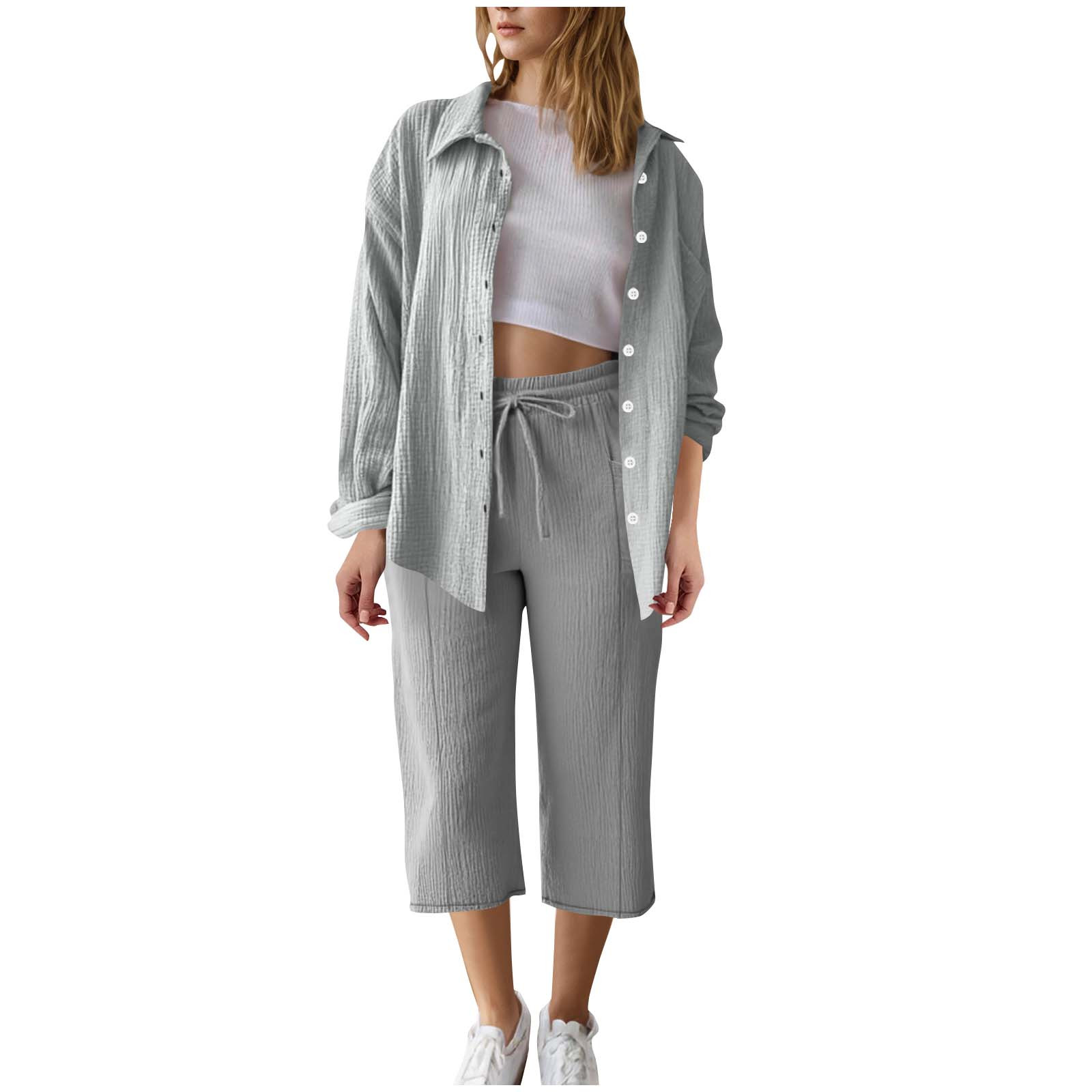 2 Piece Capris Womens Sets Cotton Linen Long Sleeve Button Up Shirt and ...