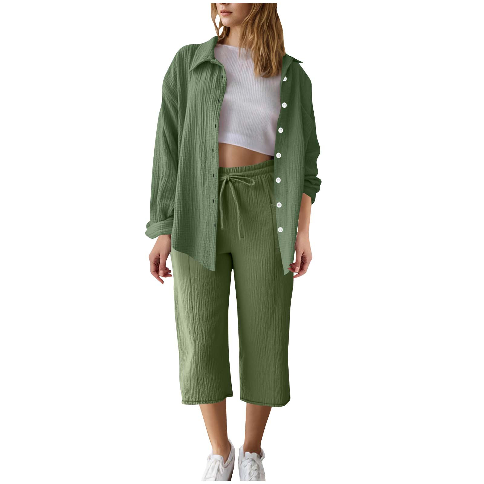 2 Piece Capris Womens Sets Cotton Linen Long Sleeve Button Up Shirt and ...