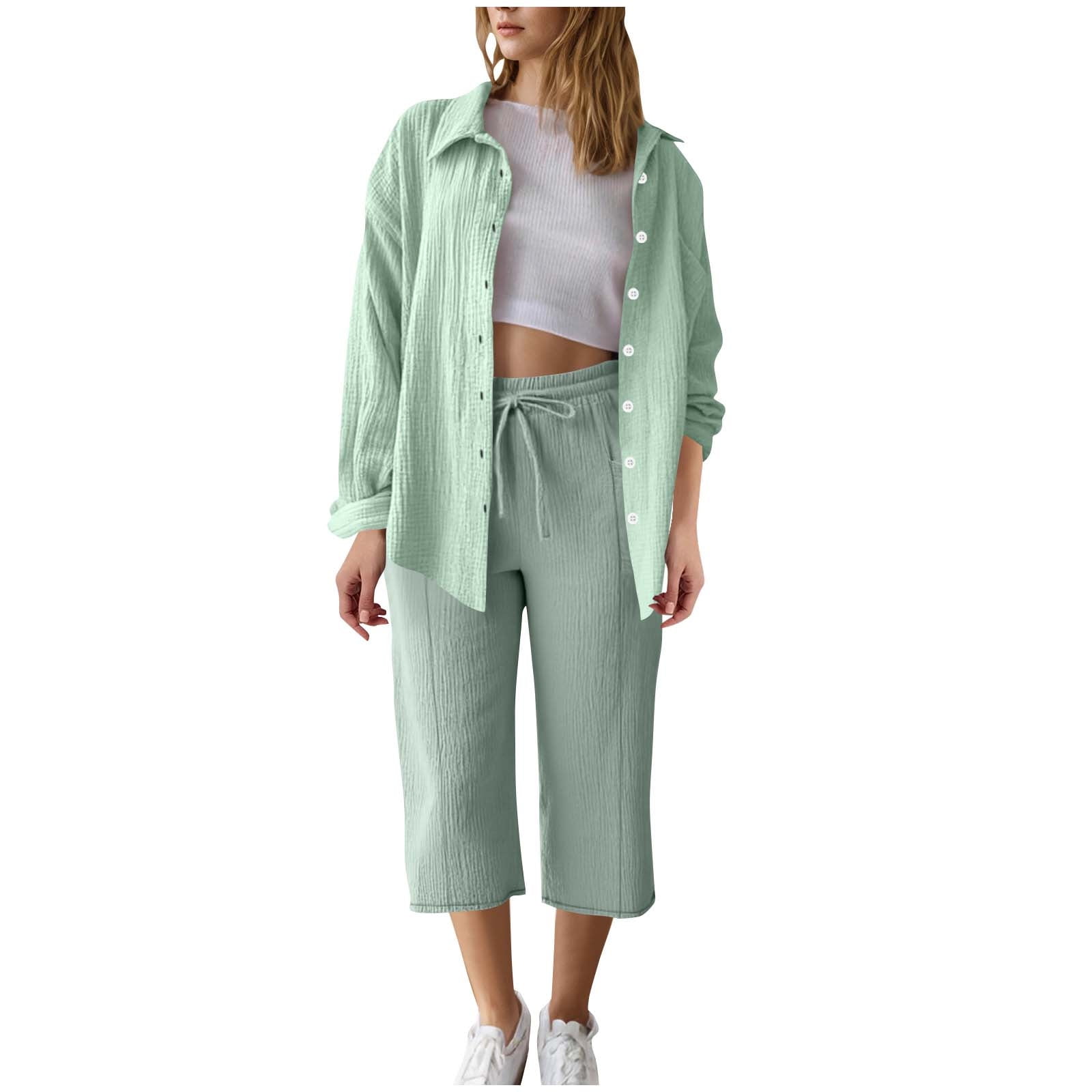 2 Piece Capris Womens Sets Cotton Linen Long Sleeve Button Up Shirt and ...