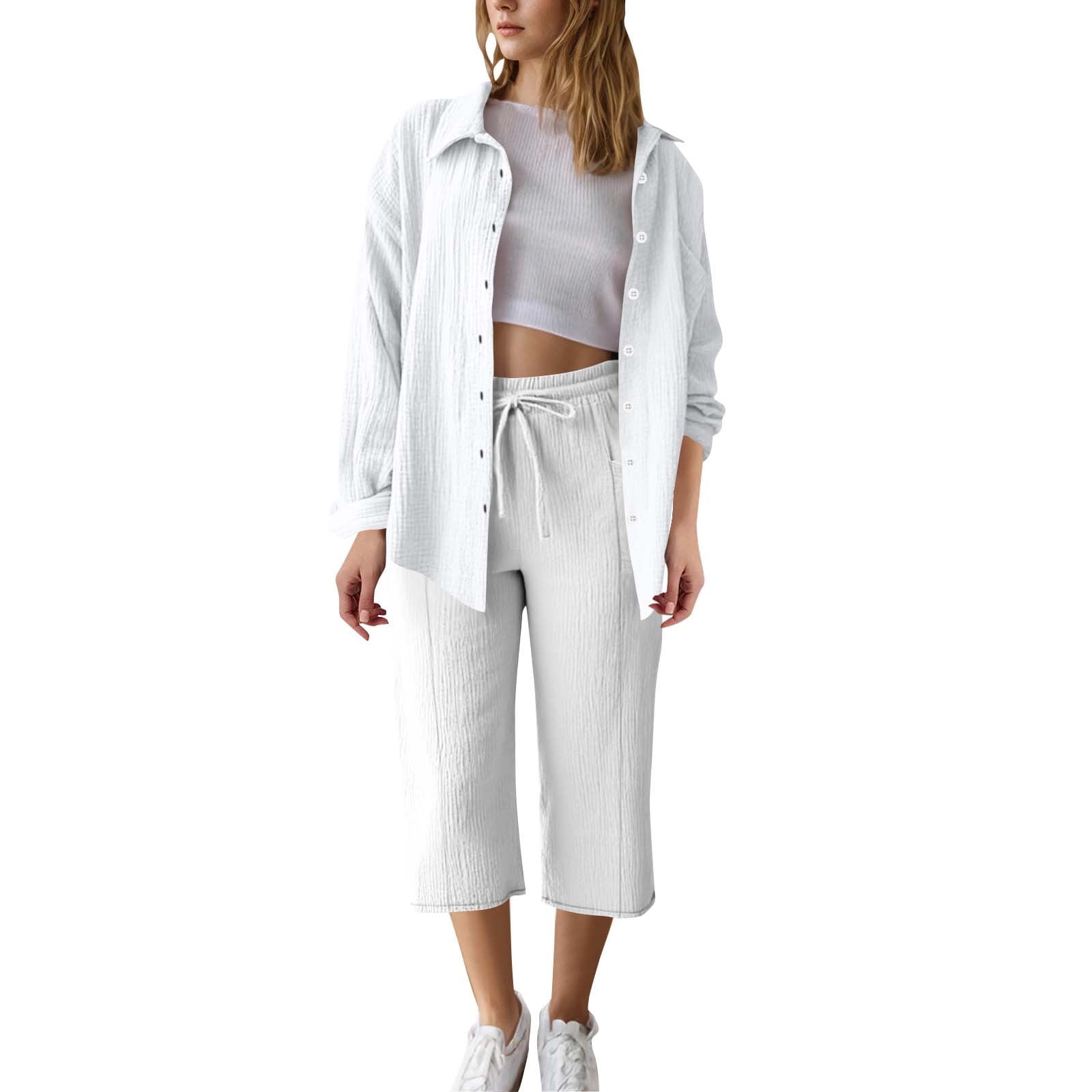 2 Piece Capris Womens Sets Cotton Linen Long Sleeve Button Up Shirt and ...