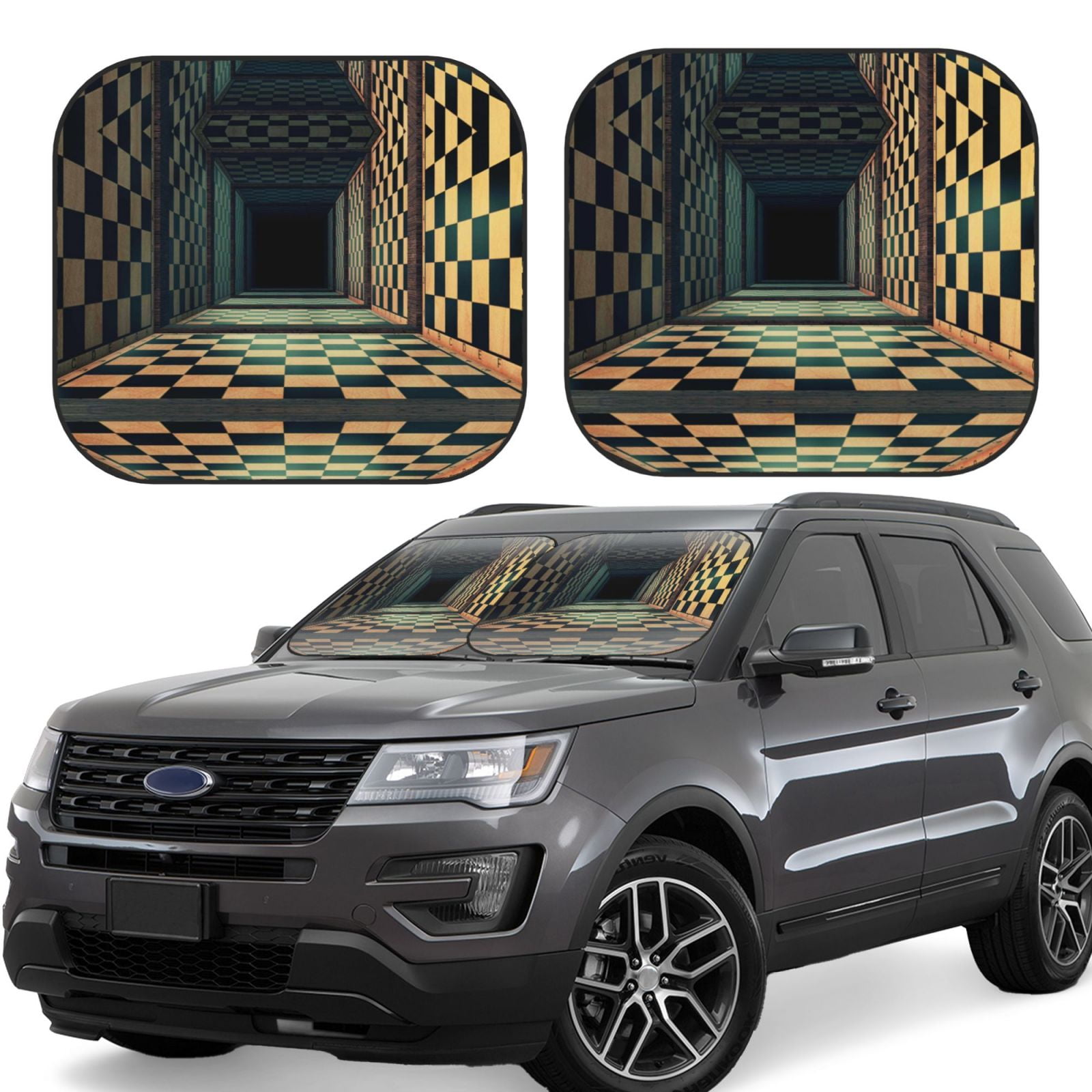 2 Piece Car Windshield Sun Shade - 3d Abstract Chess Board，Black And ...