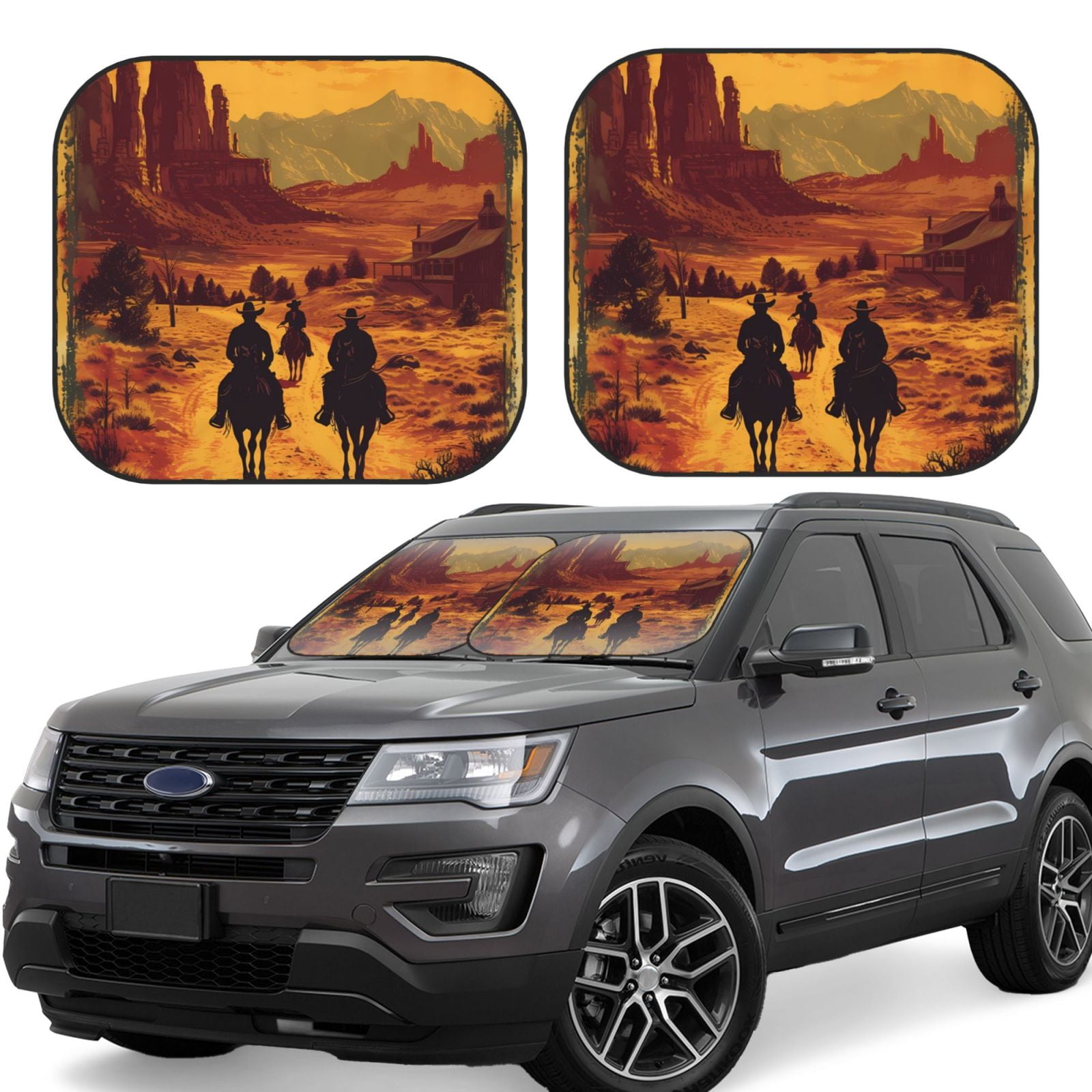 2 Piece Car Windshield Sun Shade - 70s Western Cowboy Foldable Front ...