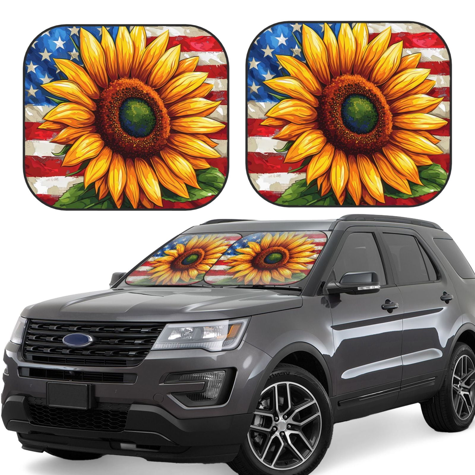 2 Piece Car Windshield Sun Shade - American Flag Sunflower Art Foldable ...