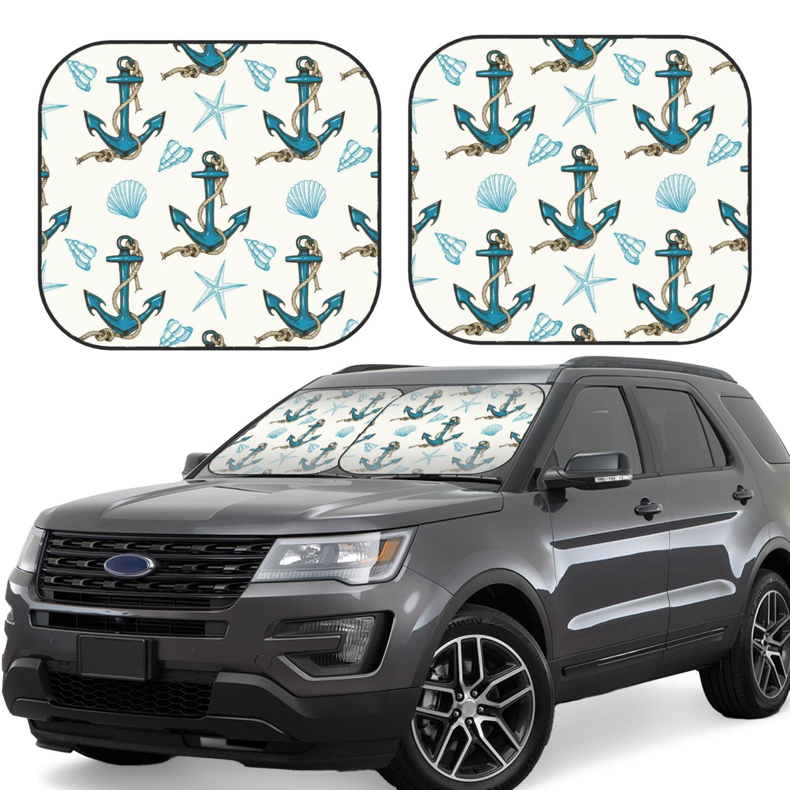 2 Piece Car Windshield Sun Shade - Anchors And Shells Foldable Front ...