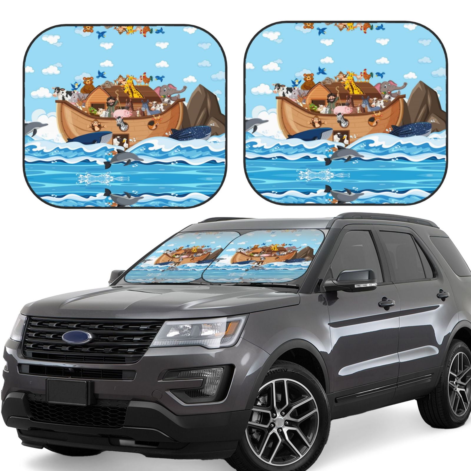 2 Piece Car Windshield Sun Shade - Animals On Noah'S Ark Floating ...