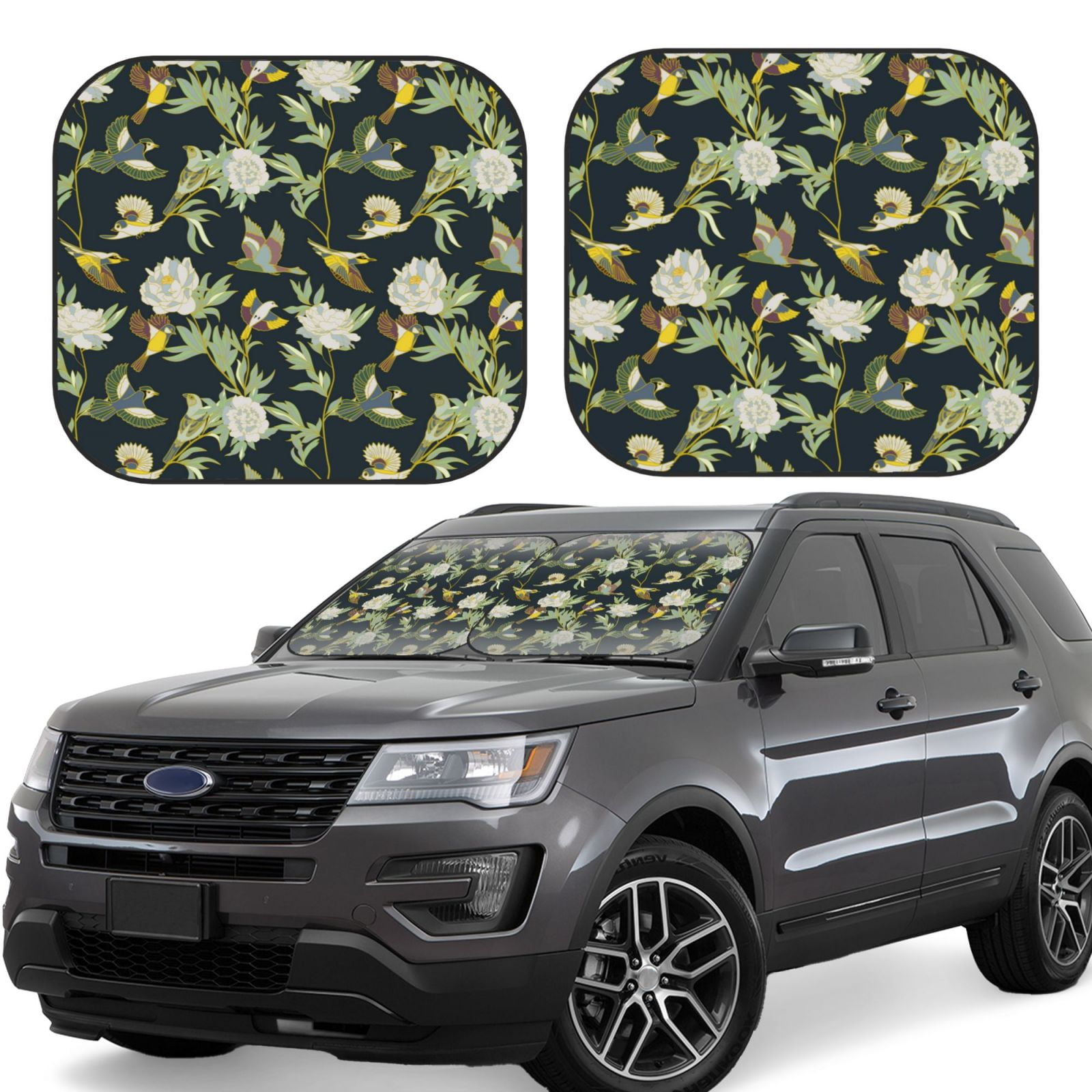 2 Piece Car Windshield Sun Shade - Bird And Flower Print Foldable Front ...