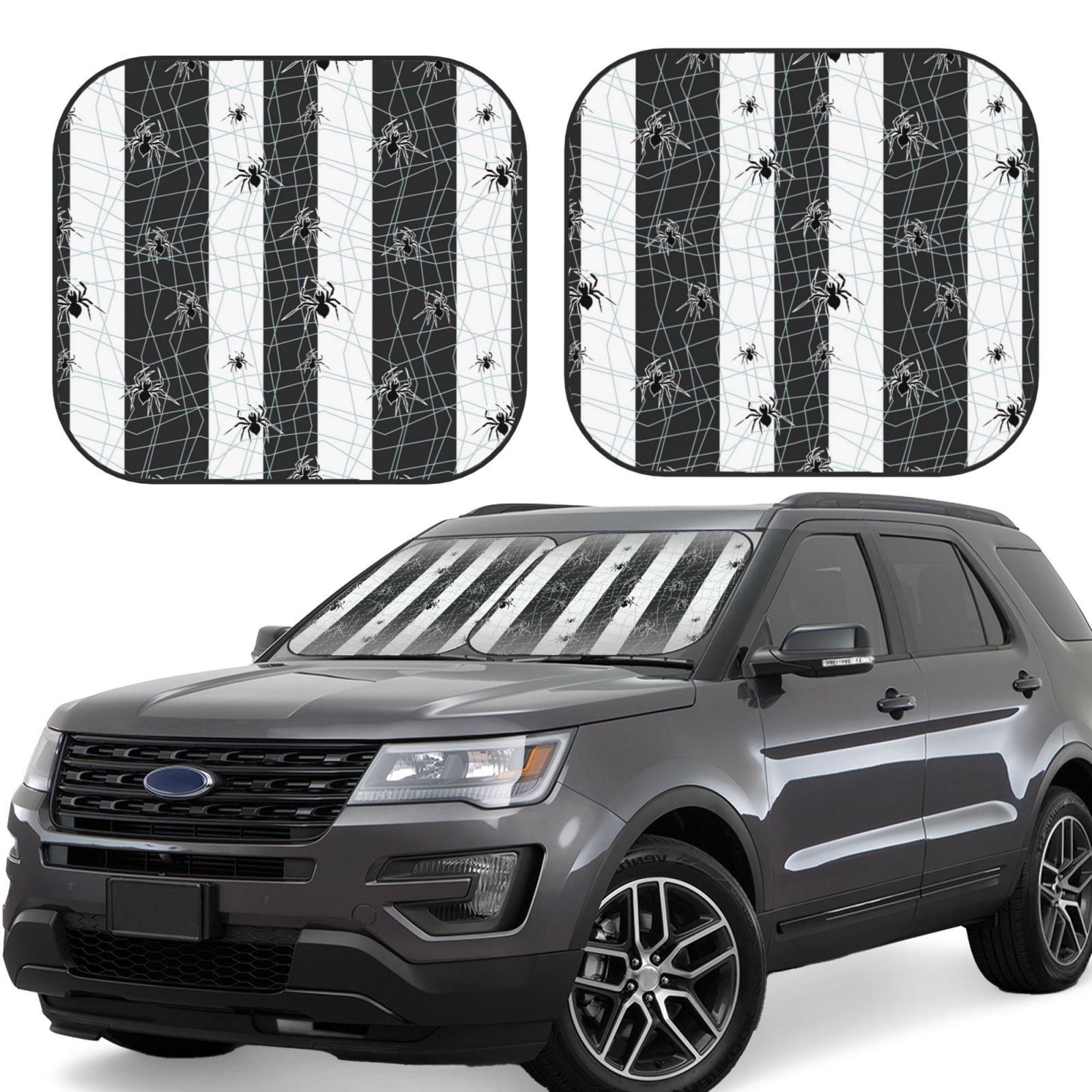 2 Piece Car Windshield Sun Shade - Black white Spider web cool Foldable ...