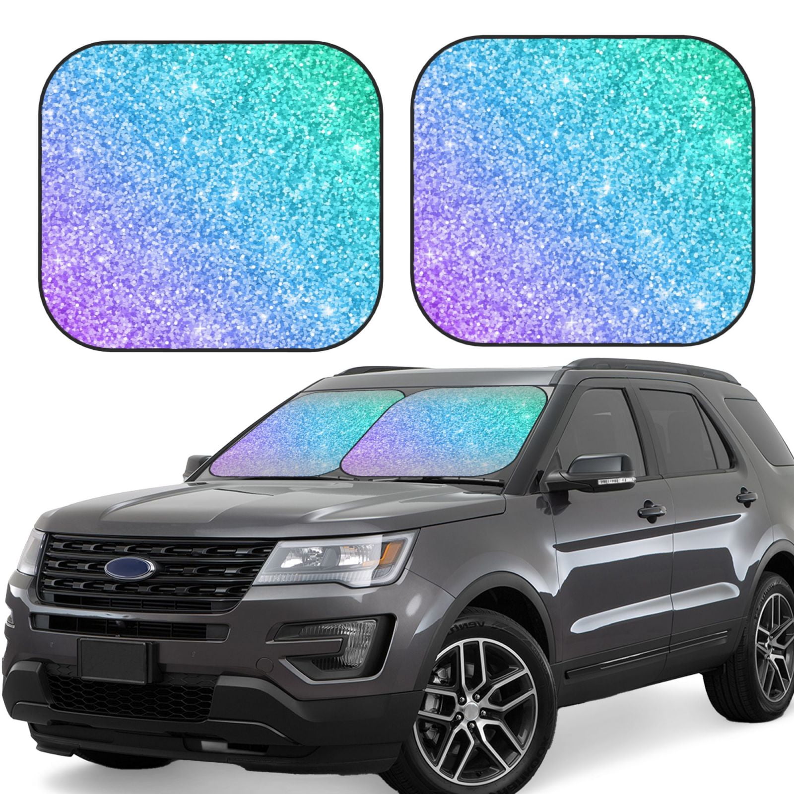 2 Piece Car Windshield Sun Shade - Blue Green Glitter Texture Foldable ...