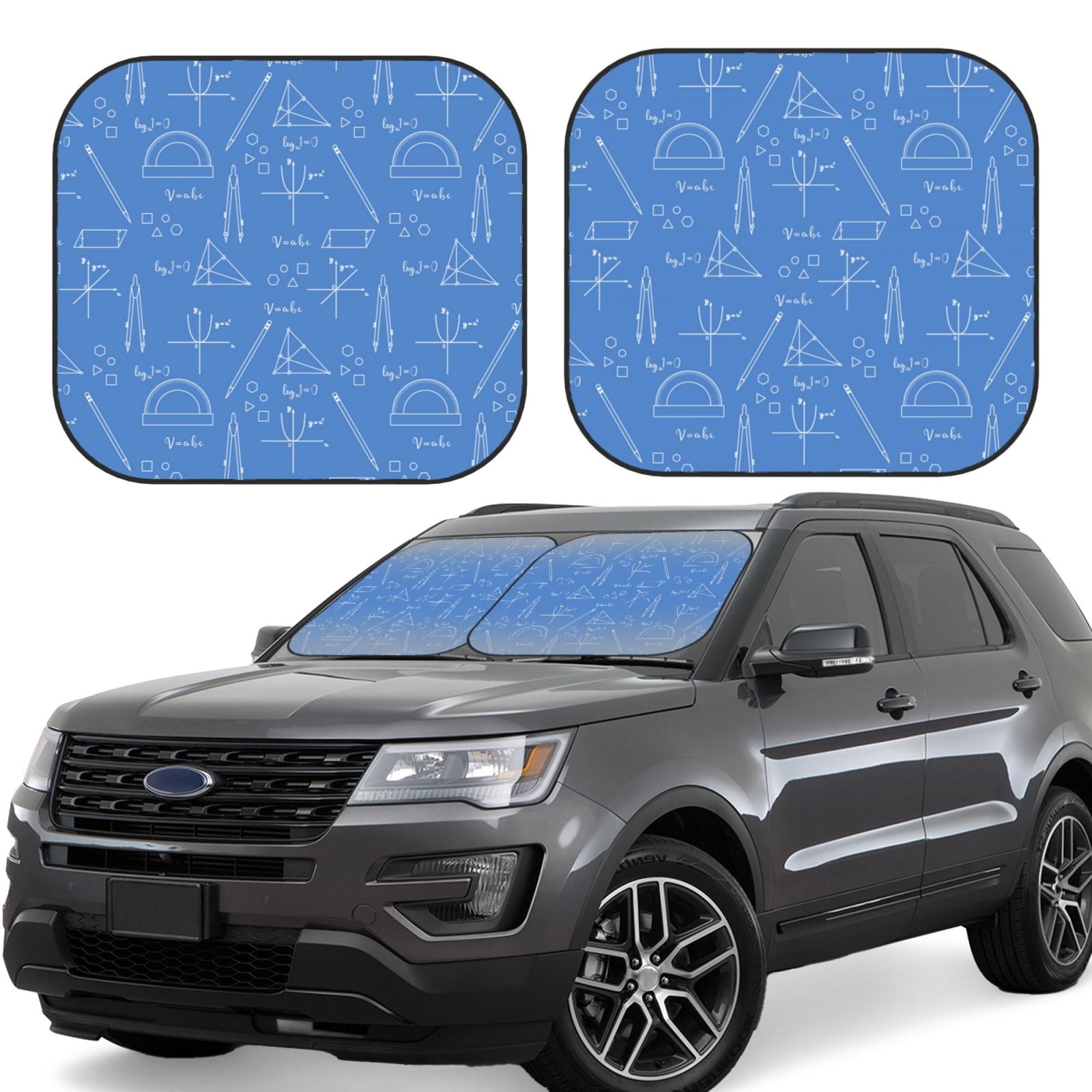2 Piece Car Windshield Sun Shade - Blue Math Print Ruler Foldable Front ...