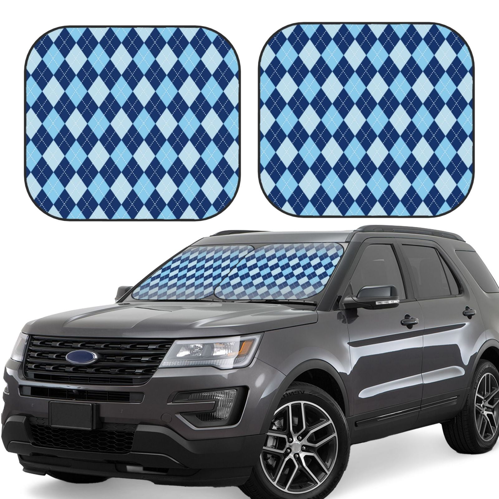 2 Piece Car Windshield Sun Shade - Blue Squares Foldable Front Car ...
